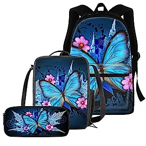 BIGCARJOB Blue Butterflys School Backpack 3 in 1 Bookbags with Lunch Kit Pencil Case for Women Girls