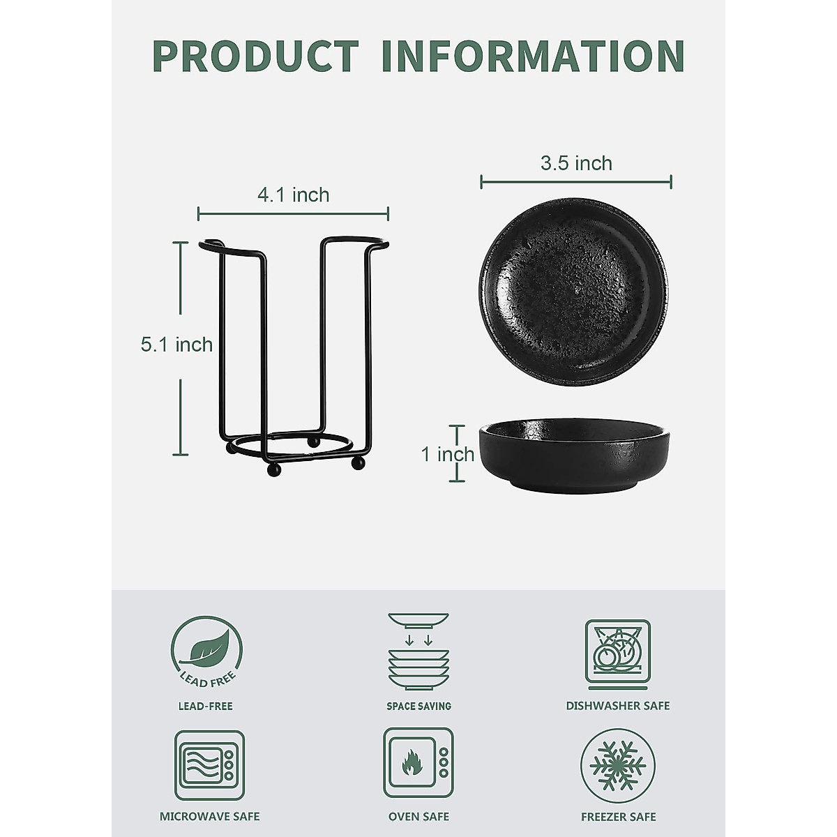 Ghaexui Japanese Ceramic Soy Sauce Dishes, Dipping Bowls, Side Dishes, Sauce Bowls-3.5 Inch, with Metal Stand for Ketchup Soy Sauce Sushi BBQ Party, Set of 6, Black