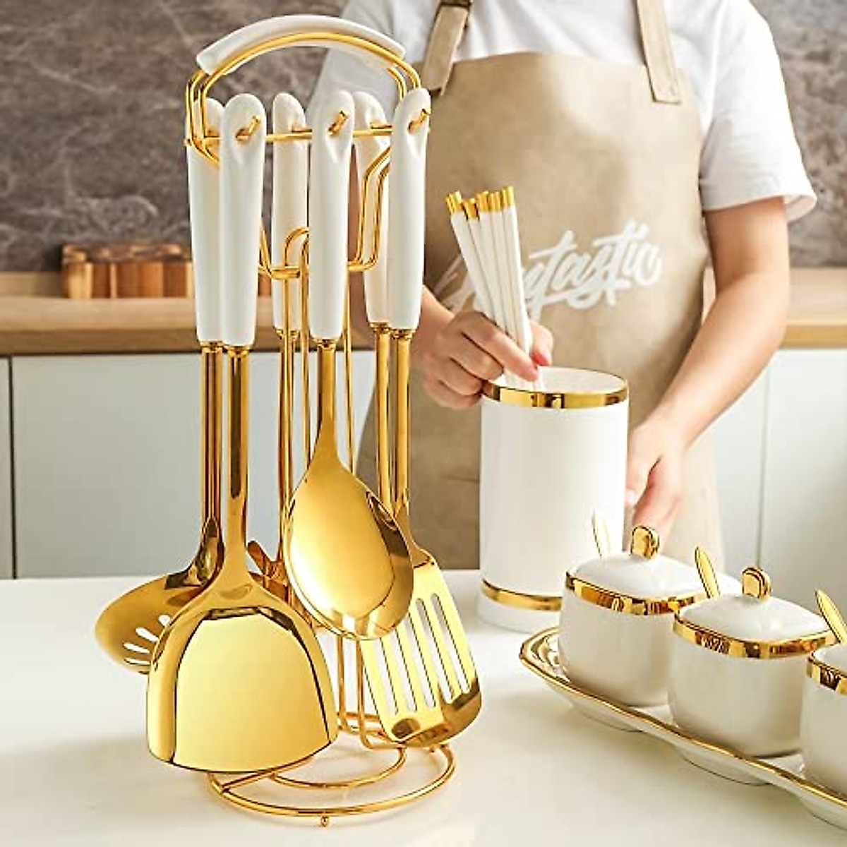 AQUAX Stainless Steel kitchenware seven Pieces Set (White Gold).Cooking Utensils 7 pcs with hanging shelf .Include Slotted Large Spoon, Soup Ladle, Spatula, Pasta spoon.