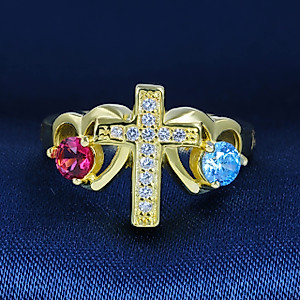 SHAREMORE Birthstone Rings for Women Personalized Cross Ring for Mom with 2 Birthstone Purity Mothers Cross Name Rings Promise Rings Name Rings Mothers Day Rings