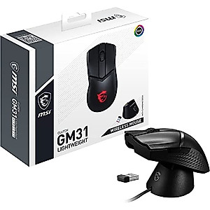 MSI Clutch GM31 Lightweight Wireless Ergonomic Gaming Mouse & Charging Dock, 12K DPI Optical Sensor, 60M Omron Switches, Fast-Charging 110Hr Battery, RGB Mystic Light, 5 Programmable Buttons, PC/Mac