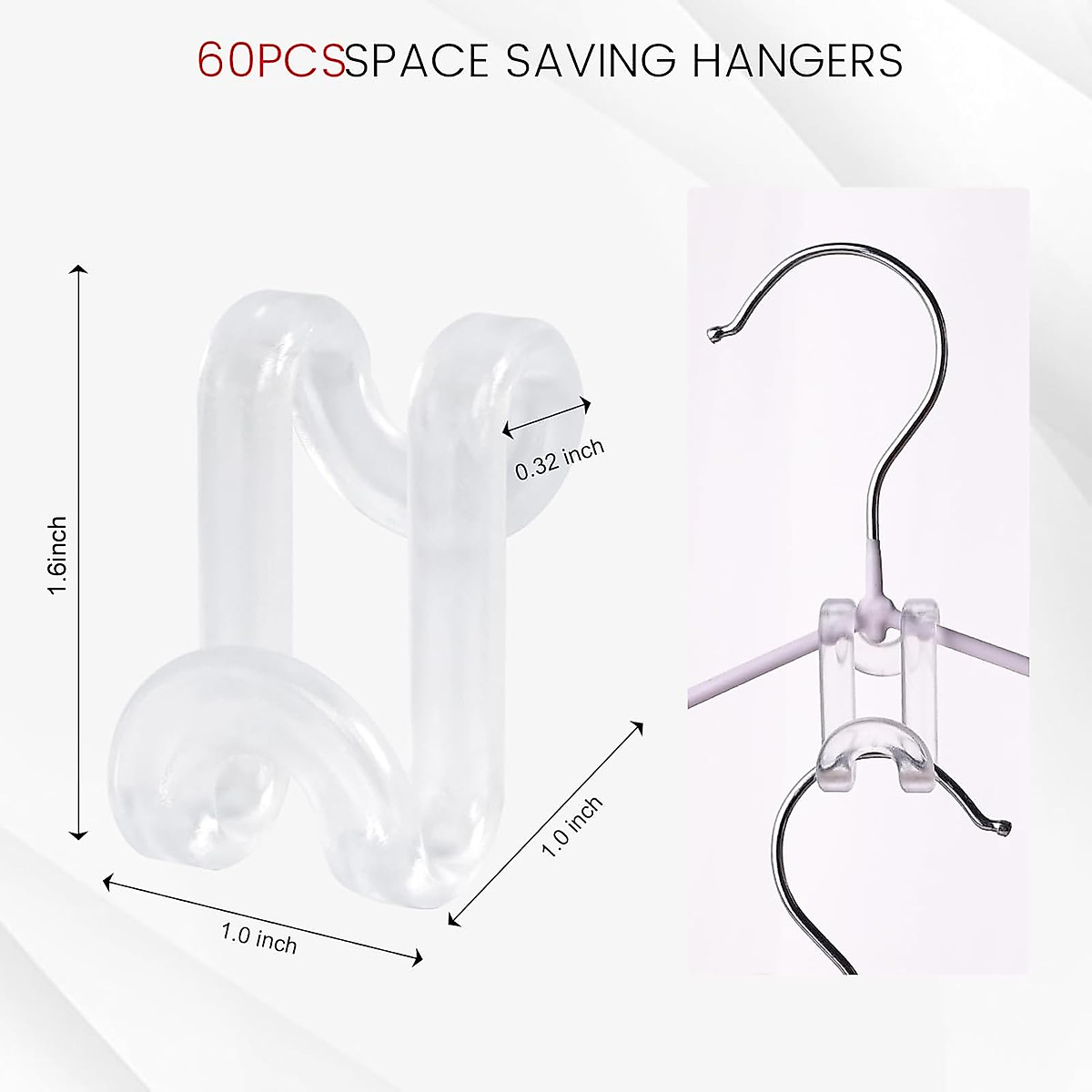 HAKDAY 60PCS Clear Clothes Hanger Connector Hooks, Heavy Duty Space Saving Hooks Hanger Connectors for Velvet Hangers Wooden Hangers Closet Organizer