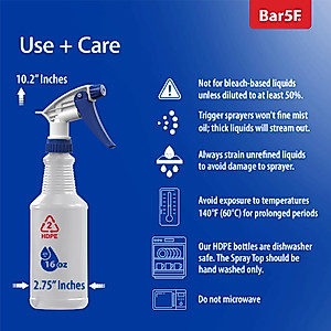 Bar5F Set of 4 Premium Empty 16 oz Spray Bottles, NBR Gasket - Superior Hydrocarbon Resistance - Ideal for Auto Detailing & Industrial Cleaning