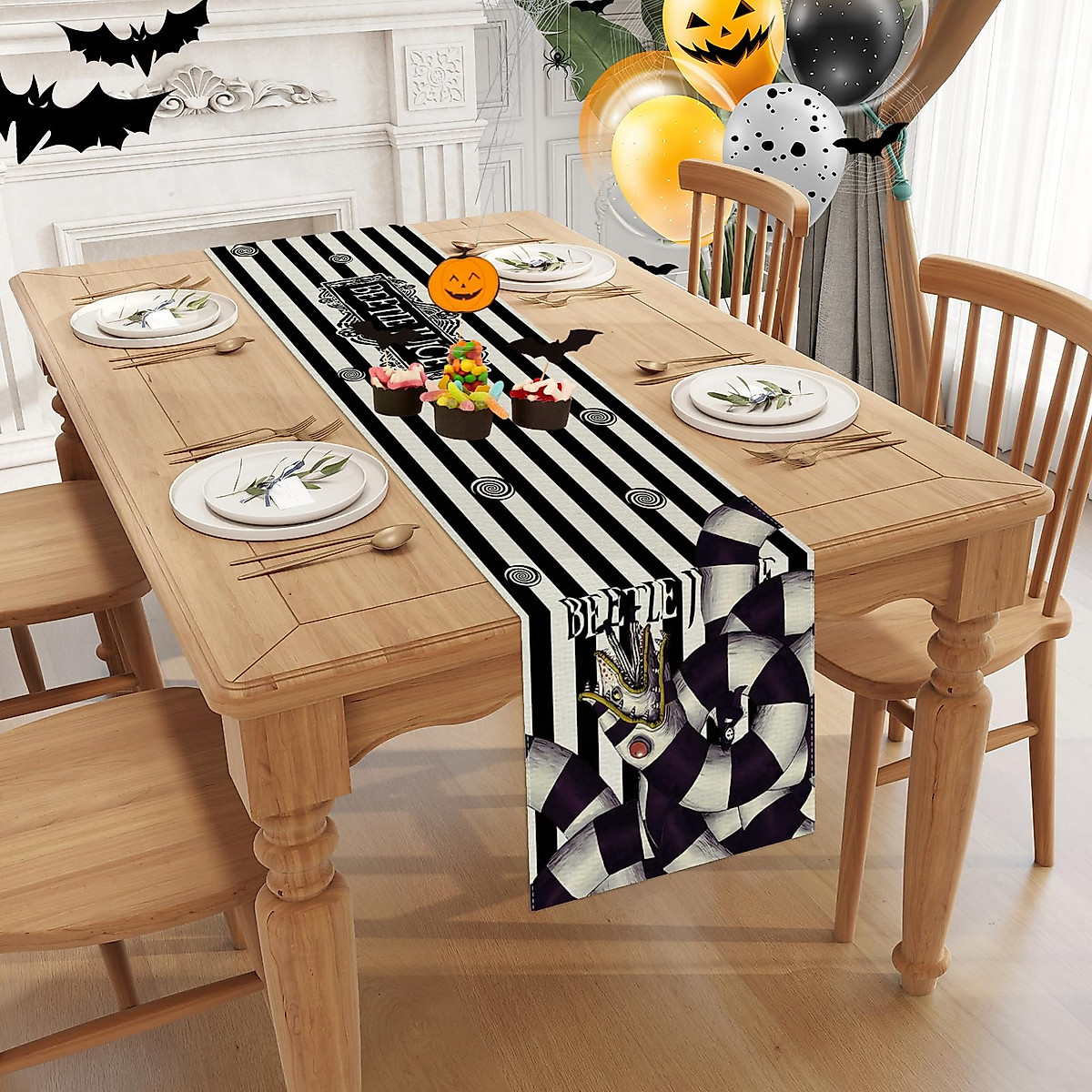 Black Striped Halloween Table Runner Scary Spooky Creepy Halloween Decorations and Supplies for Home Kitchen Dining Room Table
