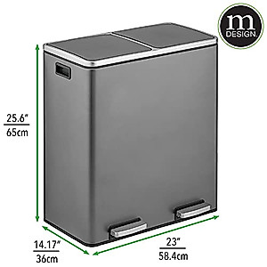 mDesign Metal Steel 16 Gallon/60-Liter, Dual Compartment Step Trash Can; Double Bin Trash Can/Recycler Combo for Kitchen; Holds Garbage, Recycling; Features Two Removable Liner Buckets - Graphite Gray