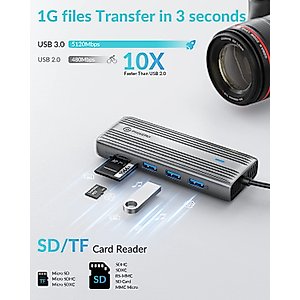 PHIXERO USB C Hub Multiport Adapter, 4K@60Hz USB C Docking Station, 8-in-1 USB C Adapter with 1Gbps Ethernet, 100W PD, SD/TF Reader, 3 USB 3.0 5Gbps Ports, for MacBook Pro/Air, USB C Laptop (Gray)