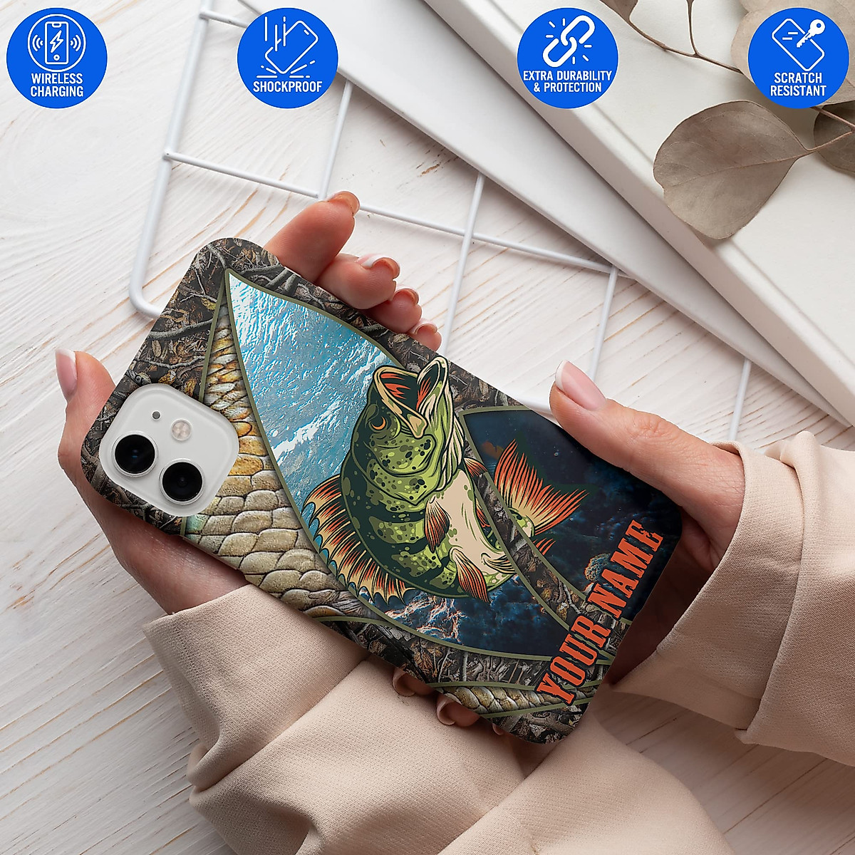Personalized Bass Fish Fishermen Phone Case Custom Name Bass Fishing Leather Pattern Cute Protective Cover Customized Compatible with iPhone 14 12 13 11 Promax Samsung s23 s22 s21 s20 s10 Ultra
