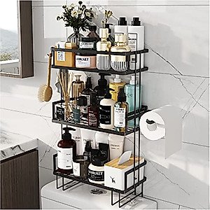 Fokyfok Over Toilet Bathroom Organizer,Over The Toilet Storage Shelf, Toilet Shelf with Toilet Paper Holder,Bathroom Shelf Over Toilet,3 Tier Toilet Storage Rack Black Metal (Black)