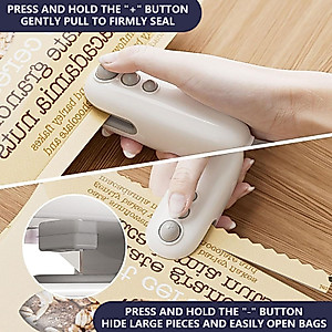 HOVGN Mini Bag Sealer, Upgrade 2 in 1 USB Rechargeable Chip Bag Sealer with Cutter, Bag Sealer Heat Seal Tool, Portable Bag Resealer for Plastic Bags Snack Bags (White)
