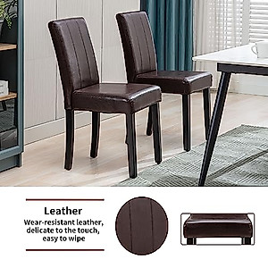 CRECQ Upholstered Dining Chairs Set of 2 PU Leather Living Room & Dining Room Chairs,Modern Kitchen Armless Side Parsons Chair with Solid Wood Legs,Brown
