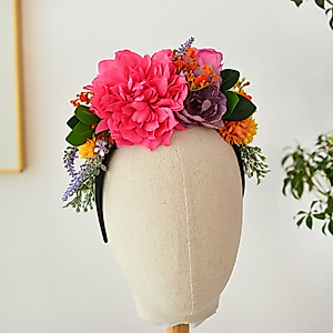 Vividsun Flower Crown Day of the dead Headpiece Party Fiesta Flower Headband (Pink fuchsia green leaf)