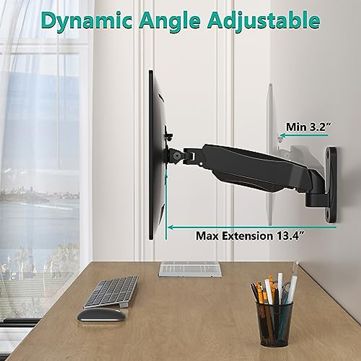 WALI Monitor Wall Mount 27+ inch, Wall Mount Monitor Arm Fits 1 Screen up to 32 inch, Single Monitor Mount Holds up to 19.8lbs, Gas Spring Monitor Arm Max Extension 13.4 inch,(GSWM001S), Black