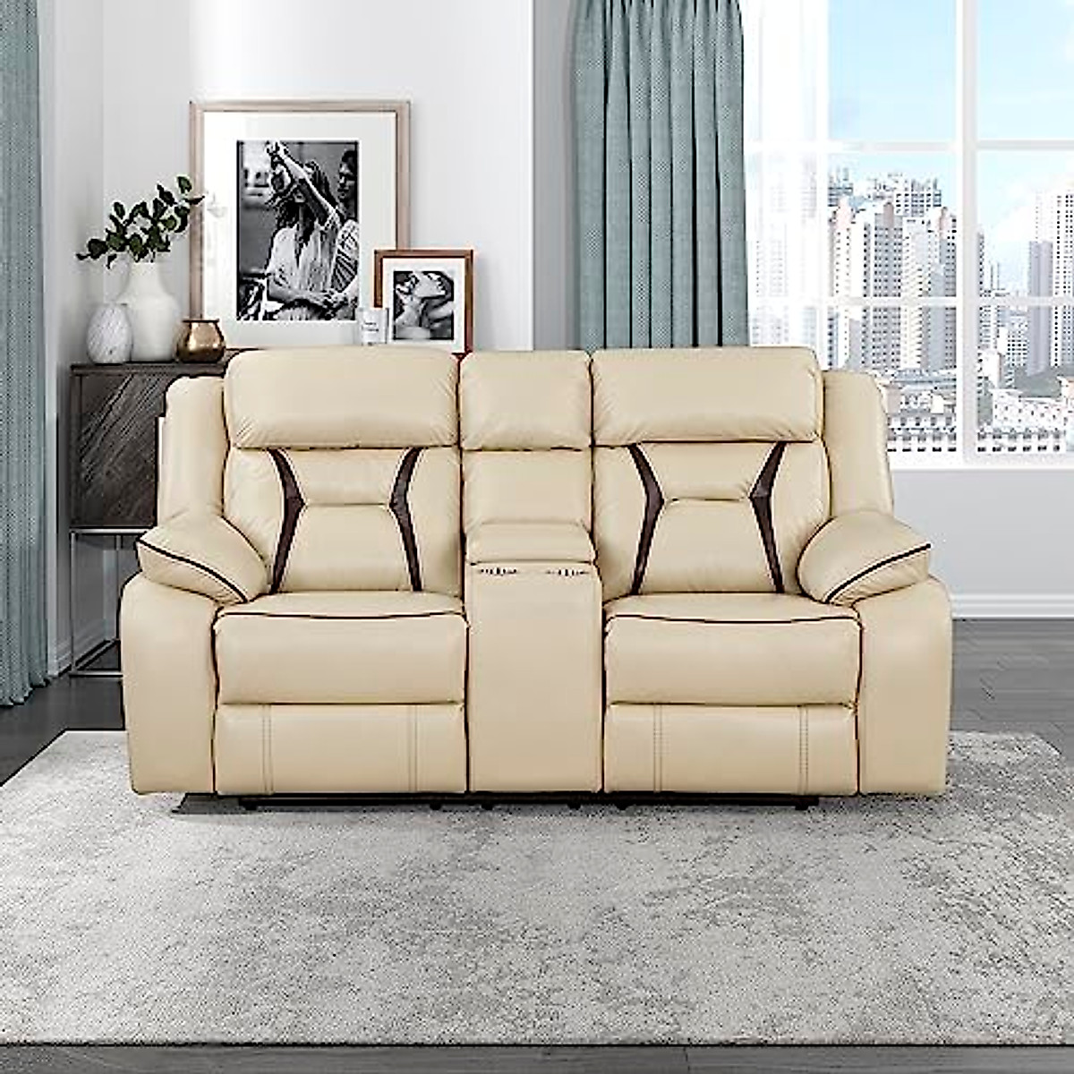 Lexicon Reclining Loveseat, Wall Hugger Recliners, Home Theater Seating, Power Double Recliner, Couches for Living Room, RV Furniture, Faux Leather with Contrast Piping, 66''W Love Seat, Beige