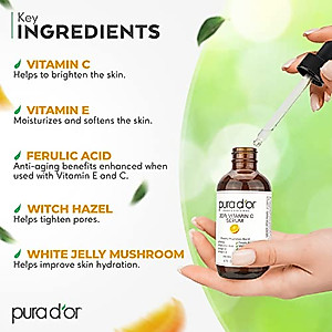 PURA D'OR 20% Vitamin C Serum (4oz BEST VALUE) Lightweight Maximum Strength Formula, Hyaluronic Acid, Retinol, Professional Grade Treatment For Face & Eyes, Dark Spots, Acne, Wrinkles, For Men & Women