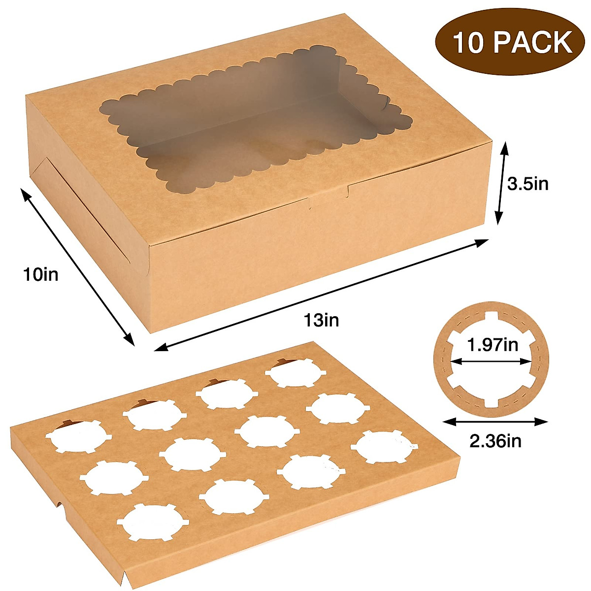 Moretoes 12 Count x 10 Sets Cupcake Carrier Boxes, 13 x 10 x 3.5 Inches, Brown Cupcake Containers Kraft Bakery Carrier Boxes with Windows and Inserts to Hold Cupcakes, Muffins and Pastries