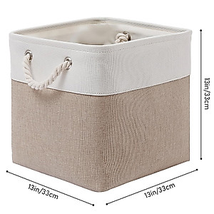 MidmmVick 13 x 13 Inch Cube Storage Bins, 6 Pack Extra Large Collapsible Fabric Storage Bin with Ropes, Foldable Storage Cubes for Home (White & Beige-13"x13"x13")