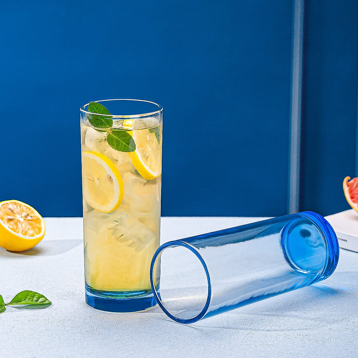 Claplante 8 Pcs Crystal Highball Glasses, 13 oz Drinking Glasses with Heavy Base, Tall Glass Sets, Water Glasses, Mojito Glass Cups, Bar Glassware, Cocktail Glass Set, Beer Glass (Blue Base)