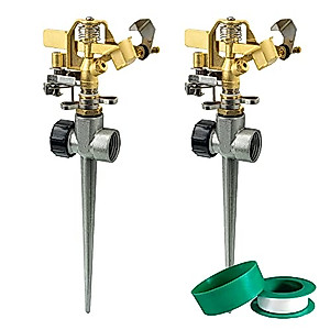 Hourleey 2 Pack Brass Impact Lawn Sprinklers for Yard, Heavy Duty Adjustable Pulsating Water Sprinkler Head with Aluminum Alloy Spike Base for Large Area Patio Garden
