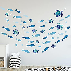 2 Sets Vinyl Sea Turtles Wall Stickers Ocean Wall Decals Ocean Bubbles Stickers DIY Under The Sea Party Decorations for Bathroom Toilet Bedroom Nursery Room Children Room Living Room