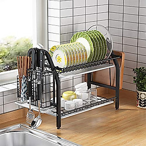 1Easylife Dish Drying Rack, 2 Tier Dish Rack Stainless Steel with Utensil Knife Holder and Cutting Board Holder Dish Drainer with Removable Drain Board for Kitchen Counter Organizer Storage