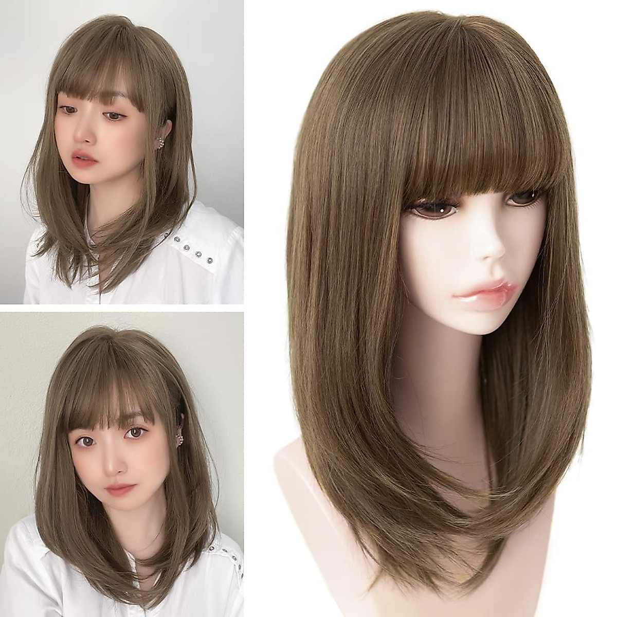 ブライトララ BRIGHT LELE Natural Full Medium Straight Hair With Bangs Wigs for Women Synthetic Curly Hair Wig for Daily Party Cosplay Wig HF1573-uk