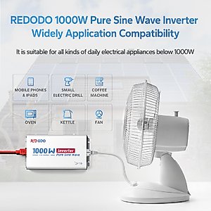 Redodo Pure Sine Wave Inverter 1000W Convert DC 12V to AC 110V, Monitoring Screen Showing Real-Time Status, for Off-Grid Solar Power System, RV, Home Backup Power