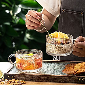 wookgreat Vintage Coffee Mugs Set of 6, 14 oz Glass Coffee Tea Cups with Handle, Clear Embossed Glassware with 6 Spoons, Glass Mugs, Glass Coffee Cups for Cappuccino, Latte, Cereal, Yogurt, Milk