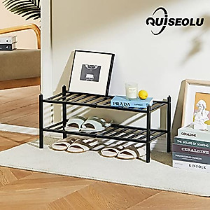 quiseolu Bamboo Shoe Rack 2 Tier Stackable Shoe Shelf Small Shoe Racks DIY Free Standing Shoe Stand for Closet Entryway Bedroom Floor Dorm Sturdy Black Shoes Organizer D11 * W27.2 * H12.6 Inches