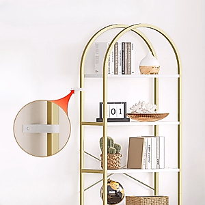 Gyabnw Bookshelf, 5-Tier Arched Bookcase with Metal Frame, Open Modern Bookcase Shelf Storage Organizer for Bedroom, Study, Living Room, and Office(White, Gold)