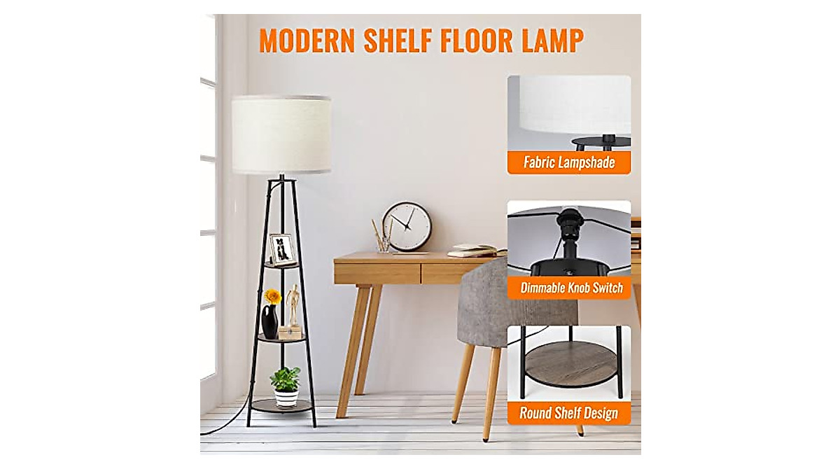RISLG 3-Tier Floor Lamp with Shelves & Dimmable Light