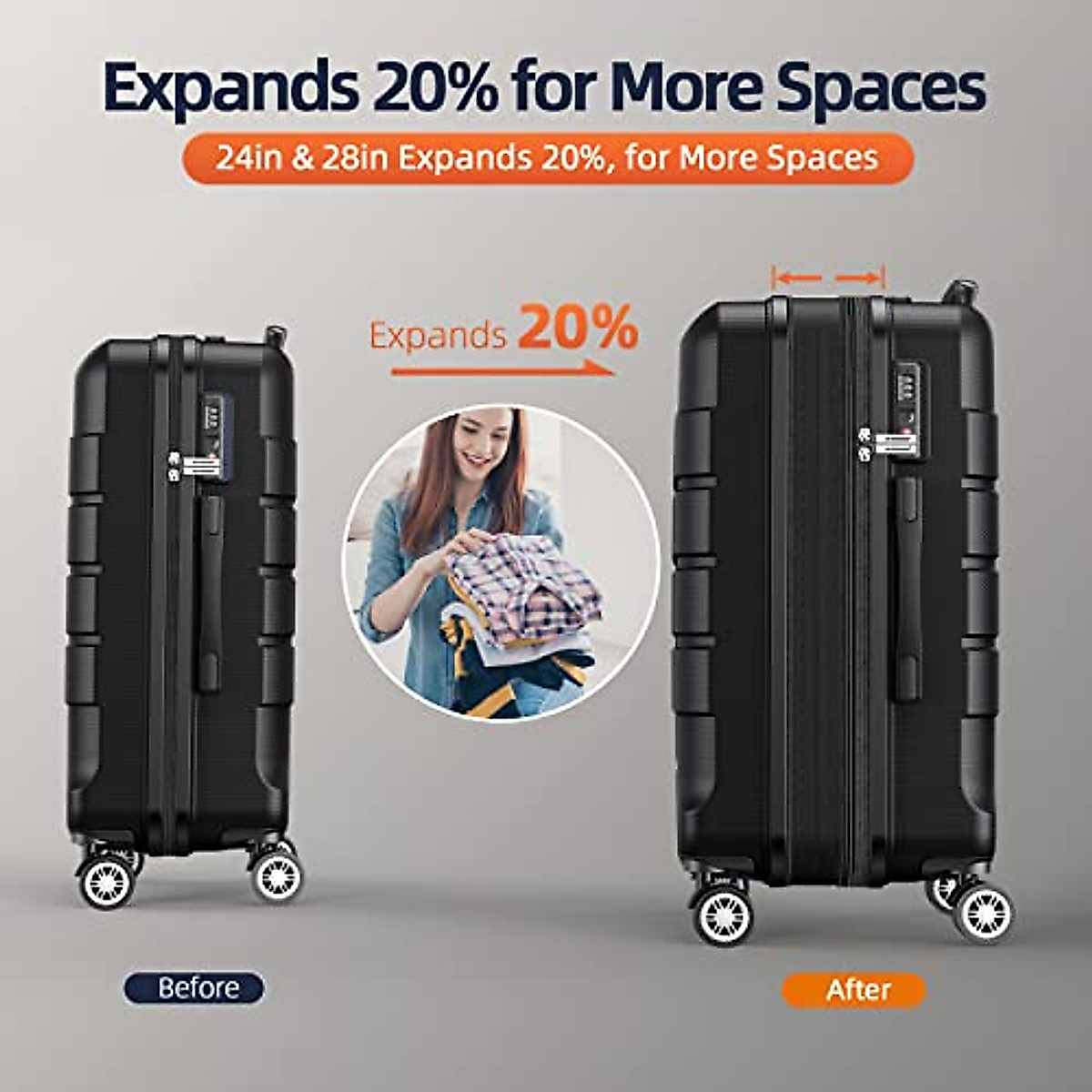 SHOWKOO Luggage Sets Expandable PC+ABS Durable Suitcase Double Wheels TSA Lock 3pcs Black