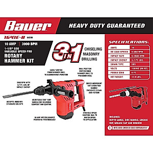 Bauer 1641E-B 1-1/8 Inch SDS Variable Speed 10 Amp Pro Rotary Hammer Kit featuring Anti-Vibration Handle