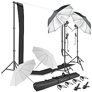 HYJ-INC Photography Umbrella Continuous Lighting Kit,Muslin Backdrop Kit(White Black), Backdrop Clips Clamp,10ft Photo Background Photography Stand System for Photo Video Studio Shooting