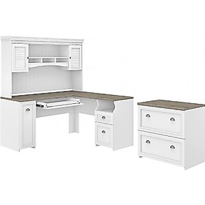 Bush FV003G2W 60-Inch L-Shaped Desk w/Hutch, Lateral File Cabinet Shiplap Gray/Pure White