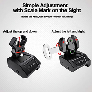 QR-Laser Tactical Flip Up Iron Sight Low Profile Front Rear Dot Sight Compatible for Picatinny Rail and Weaver Rail of Rifle, Premium Foldable Sights Double Aperture Spare Scope Backup Sight Set