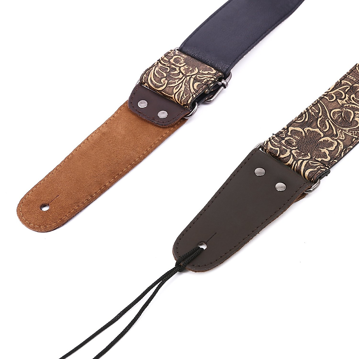 Anwenk Guitar Strap, Stamped Leather Guitar Strap PU Leather Western Vintage 60's Retro Guitar Strap with Genuine Leather Ends for Electric Bass Guitar, with Tie,Include 2 Picks,Bronze