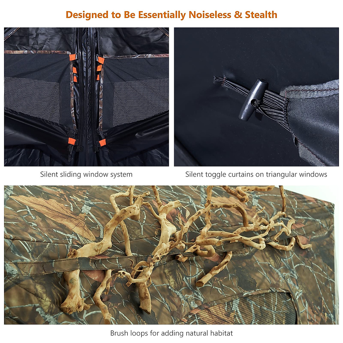 3 Person Silent Hunting Ground Blind 360 Degree One-Way See Through Portable Pop Up Hunting Tent with Frame Door, Carrying Backpack