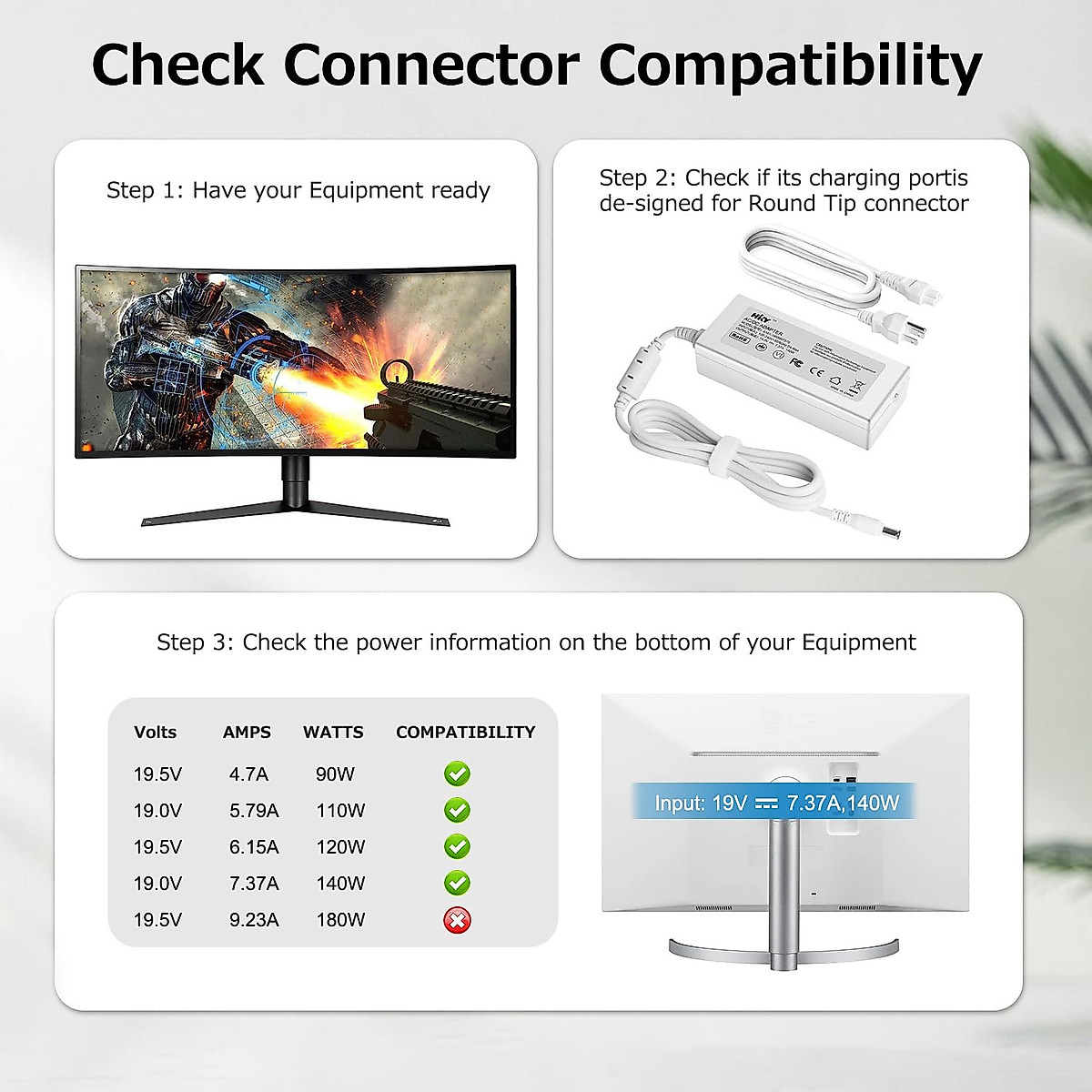 HKY 19V AC Power Adapter compatible with LG V220 V325 V720 V960 XPION 29V940 34UM95 34UC97C 34UM94 34UM94-P 34UM94-PD 34UM95-P 34UM95-PD 34UM95-PE LGUM95 34WN80C 34WN80C-B LCAP31 All-in-one PC Charger