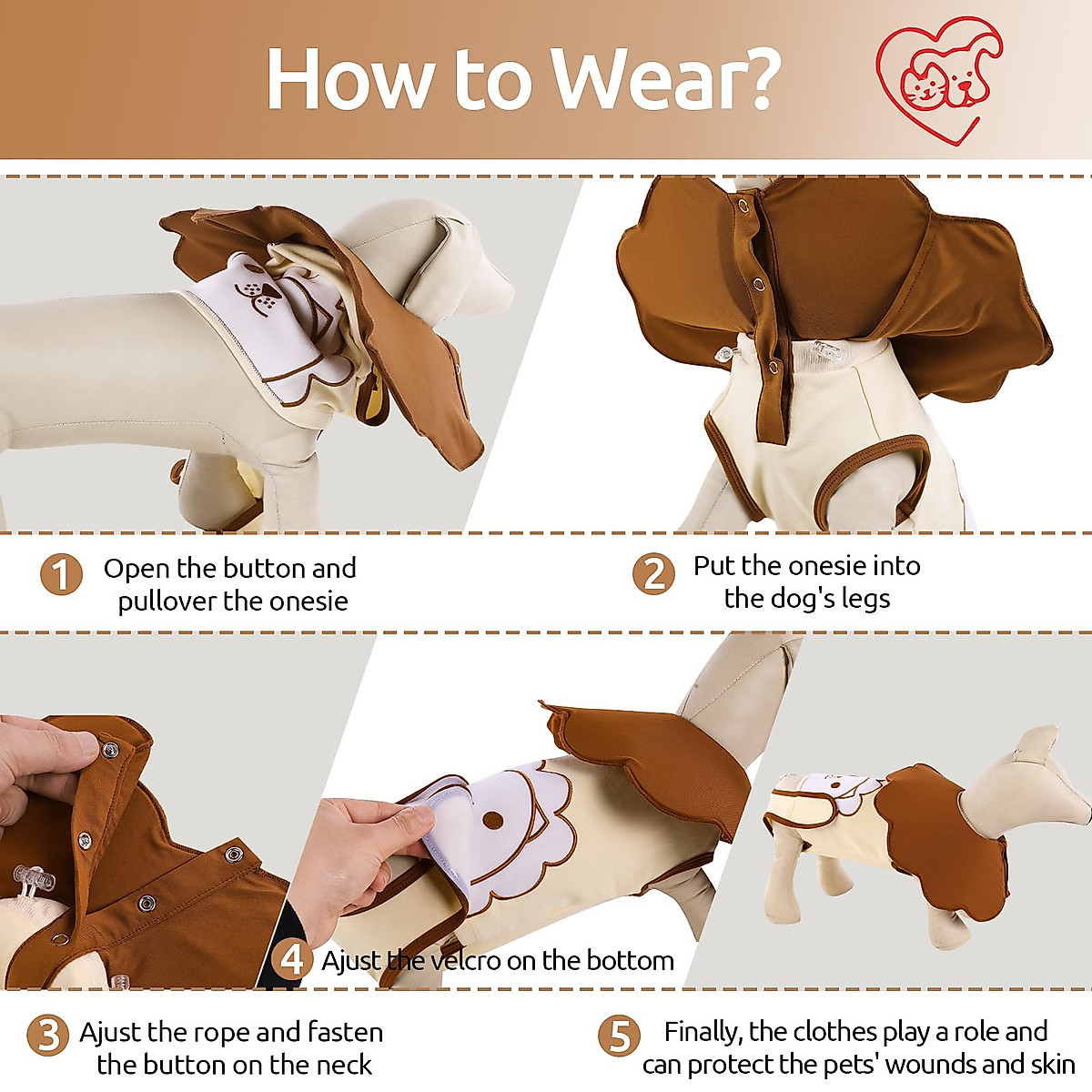 SAWMONG Dog Surgery Recovery Suit with Foldable Cone, Stretch & Cotton Dog Spay Surgical Suit for Female Dogs, After Surgery Dog Onesie with Adjustable Rear Flap, Medium