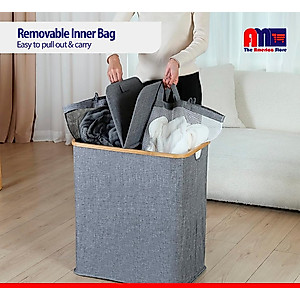 AM The America Store - Double Laundry Hamper with Lid, Divided Laundry Hamper with Removable Bags, 2 Section Dirty Clothes Basket with Handles for Bathroom, Bedroom & Laundry Room, 150L (GREY)