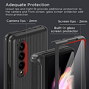 MAKAVO for Samsung Galaxy Z Fold 3 5G Case with Hinge Protection, Built-in Tempered Glass Screen Protector, Slim Fit 3D Non-Slip Texture 360 Degree Shockproof Phone Cover (Black)