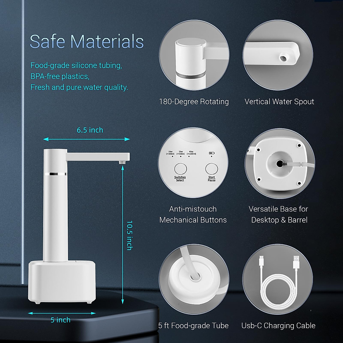 Desktop Water Dispenser for 5 Gallon Bottle. High Spout and Rotating Arm for Any Size Containers. 3 Volume Setting,Desktop and Barrel Use,USB-C Charge. Automatic Water Pump for Home,Outdoor.(White)