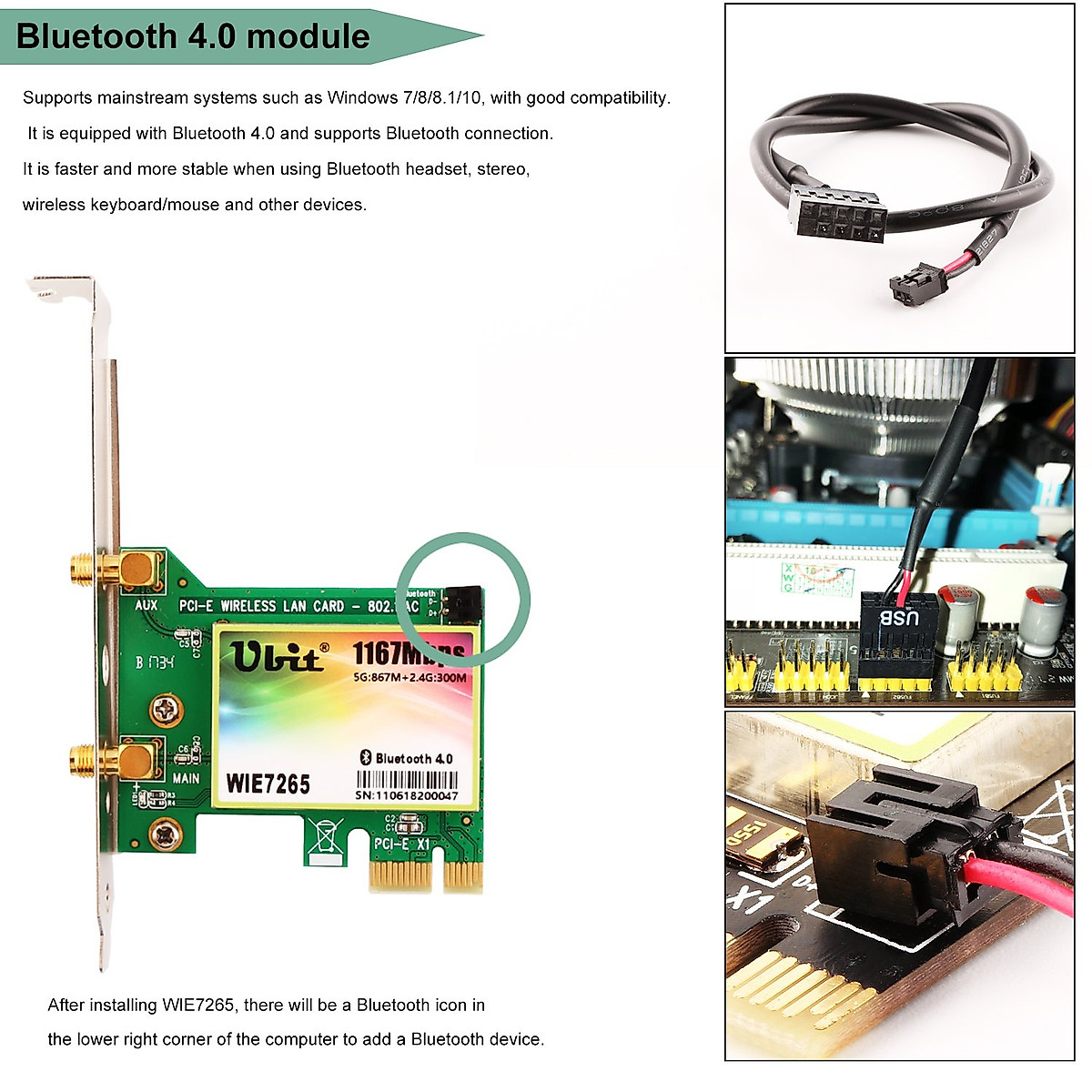 Ubit Network Card, WiFi Adapter AC 7265, AC1200Mbps pcie WiFi Bluetooth Card, 6dBi Antenna Wireless Dual Band (5G/2.4G) WiFi Card for Desktop pc