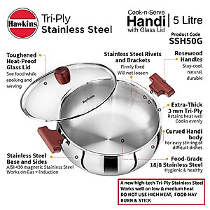 Hawkins Tri-Ply Stainless Steel Induction with friendly Cook-n-Serve Handi with Glass lid, Capacity 5 Liters, Diameter 10.7 Inch, thickness 3 mm, silver (SSH50G)