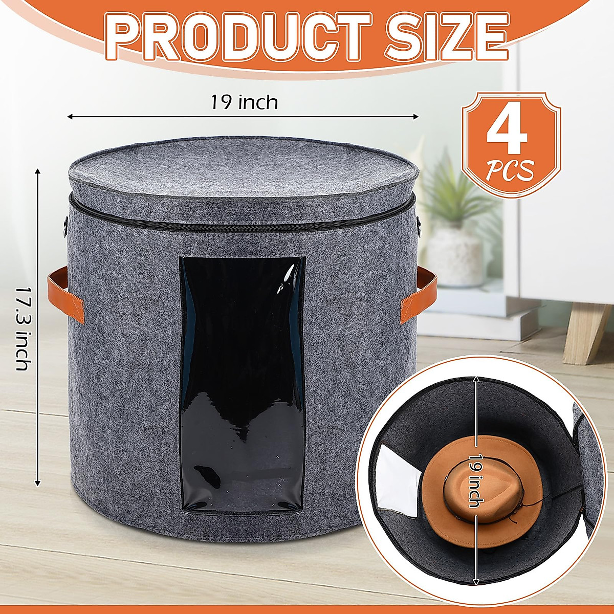 Suzile 4 Pack Oversized Hat Storage Box for Women Men 19" D x 17" H Large Hat Box Round Hat Organizer Box Hat Container Cowboy Hat Storage Box with Dustproof Lid for Storage Travel (Gray)