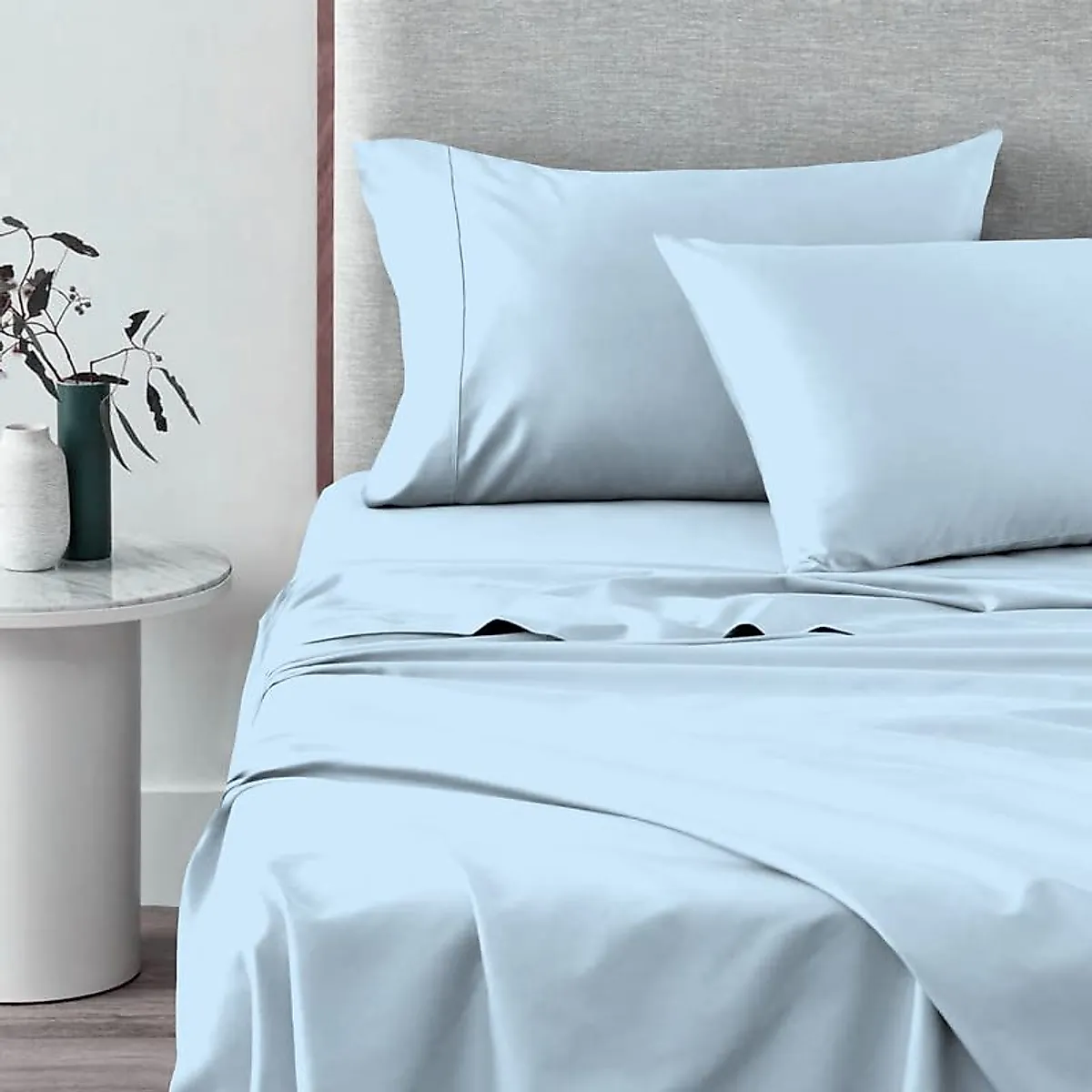 Pizuna 100% Cotton Split King Sheet Set Sky Blue, 600 Thread Count Long Staple Cotton Sateen Weave Split King Sheets for Adjustable Bed, 15" Deep Pocket Sheets (Combed Cotton Bed Sheets - 5PC)