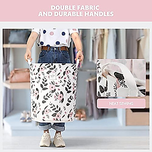 Large Foldable Laundry Basket Hamper Holder Portable Tall Collapsible Laundry Hamper Nusery Storage Basket Bin with Handles, Canvas & Waterproof lining for Household Items (Floral Pink)