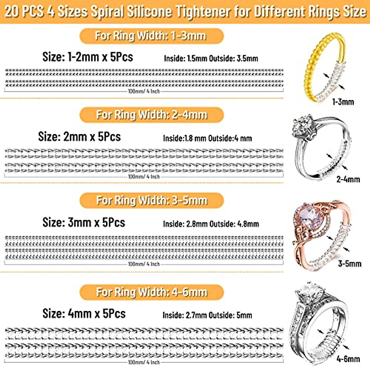 Ring Sizer Adjuster for Loose Rings, 22 Pack 4 Sizes Silicone Ring Guards Invisible Ring Adjuster Spiral Ring Spacers Fitter with Polishing Cloth, Transparent Ring Resizer Tightener for Women and Men