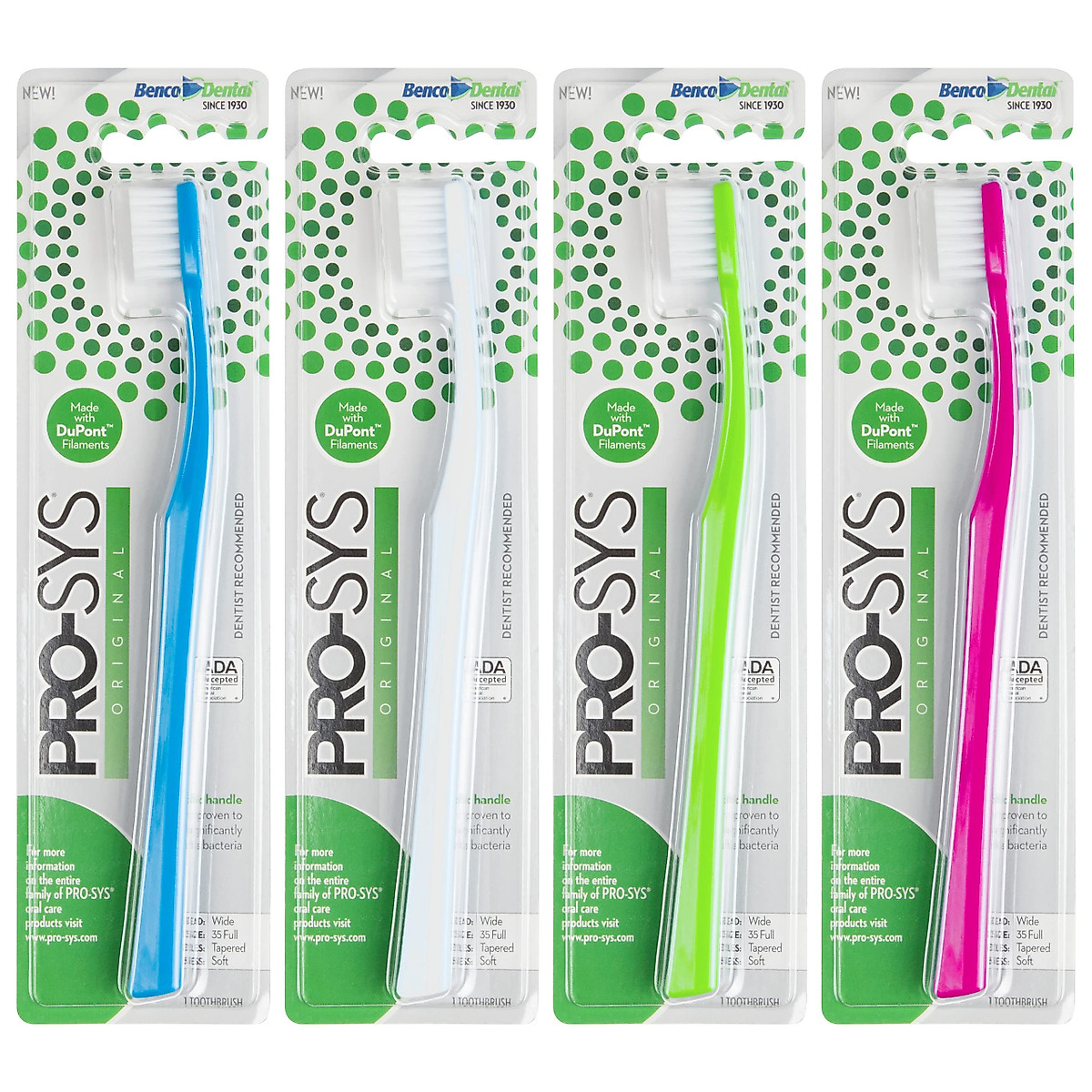PRO-SYS® Soft Toothbrush for Adult with Sensitive Teeth & Gums, ADA Accepted, with 35-Tuft Wide Dupont® Tynex® Bristles, Pack of 4