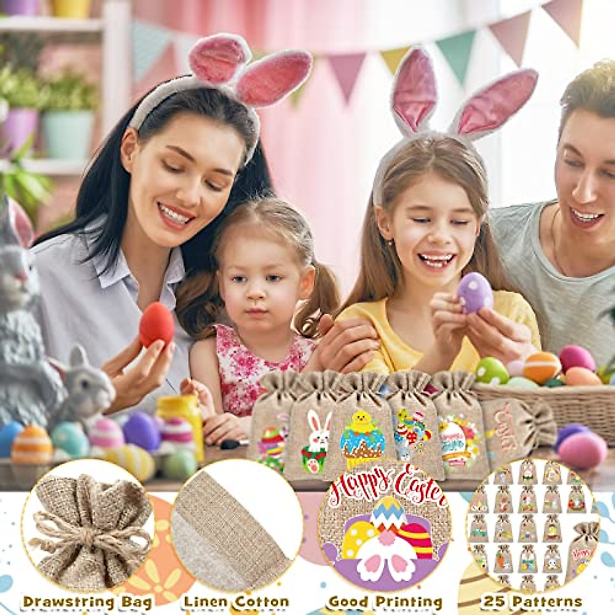 50 Pcs Easter Burlap Bags with Drawstring Bunny Burlap Gift Bag Burlap Bunny Bag Gift Wrap Bags Goody Bags for Kids Easter Party Favor Supply DIY Craft